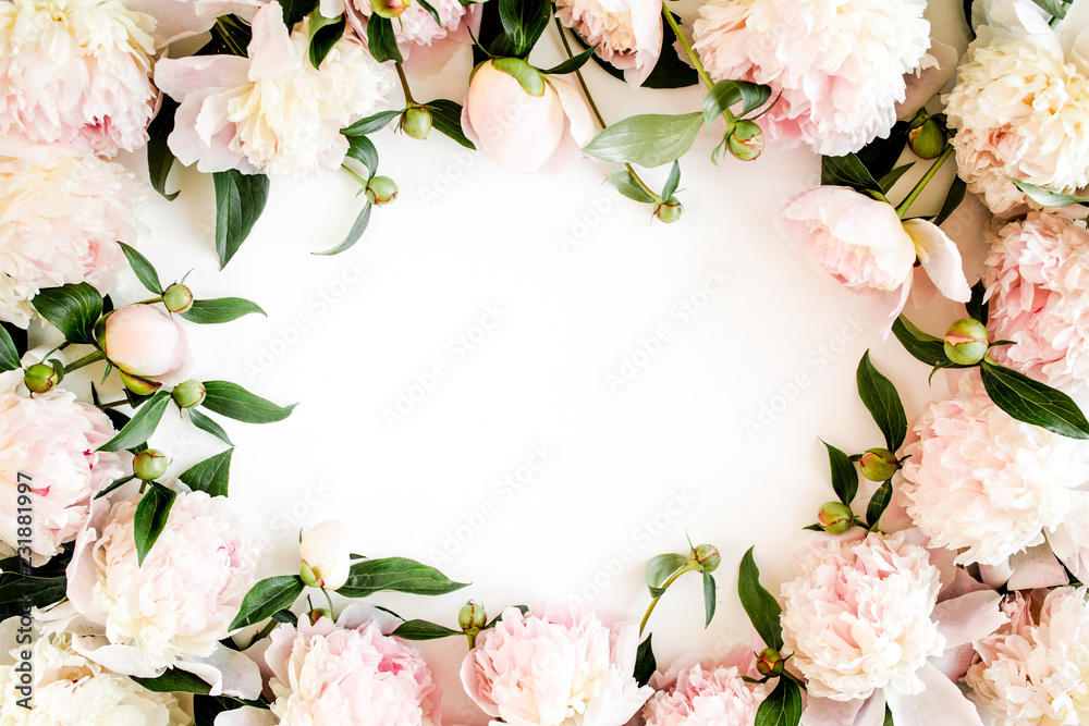 Frame made of beautiful pink peonies on white background. Flat lay, top ...