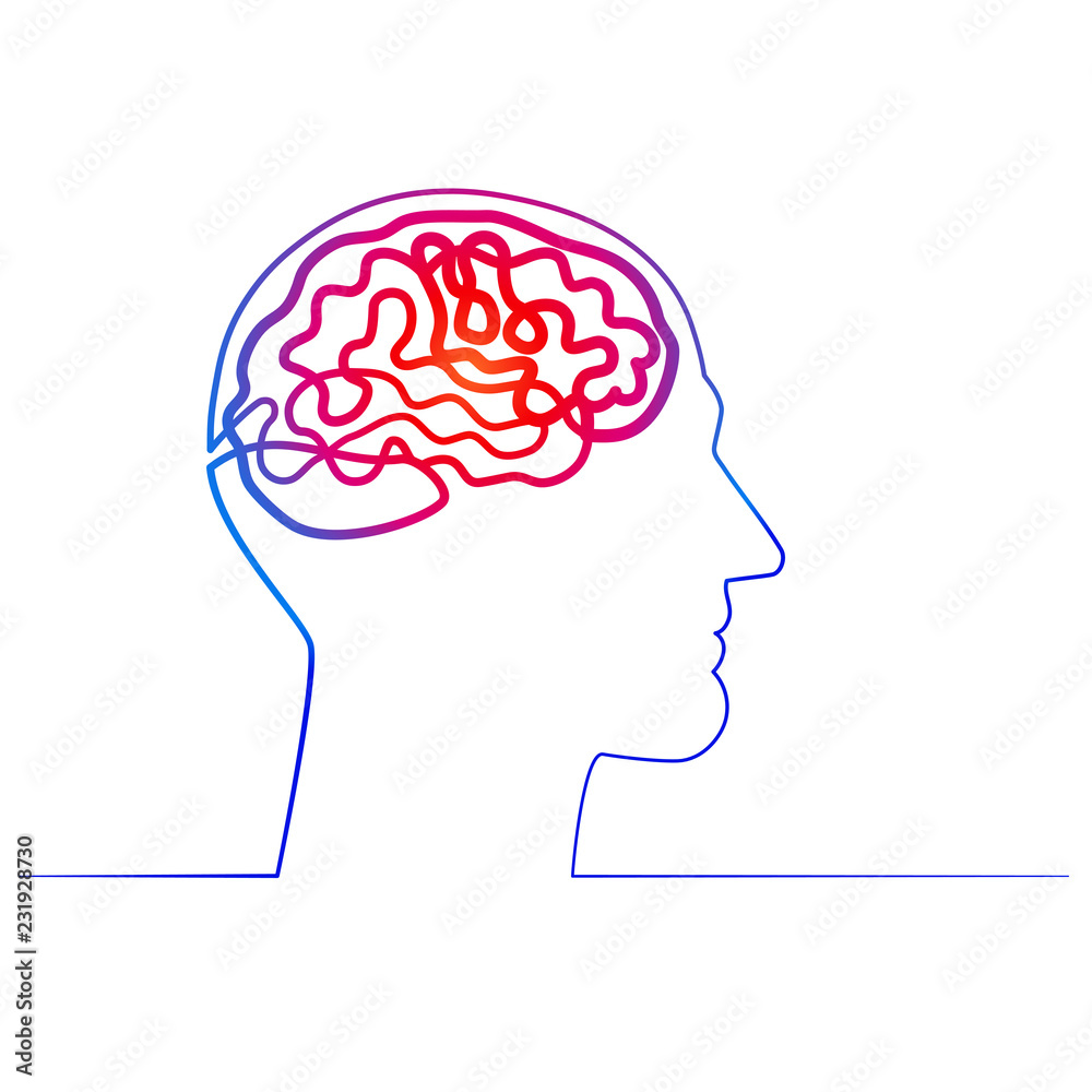 Continuous one line drawing men head and brain inside.The concept of ...