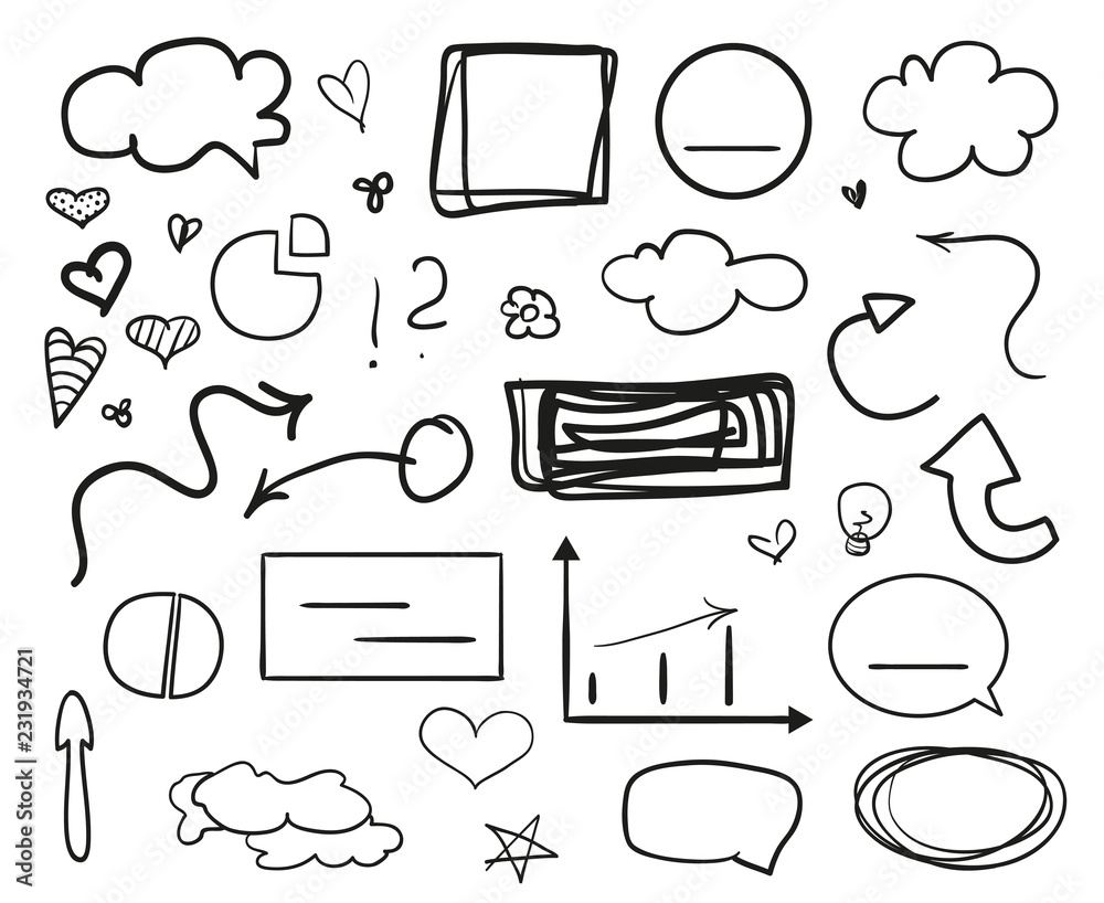 Linear shapes on white. Chaos abstract patterns. Scribble sketches. Tangled arrows. Backgrounds ...