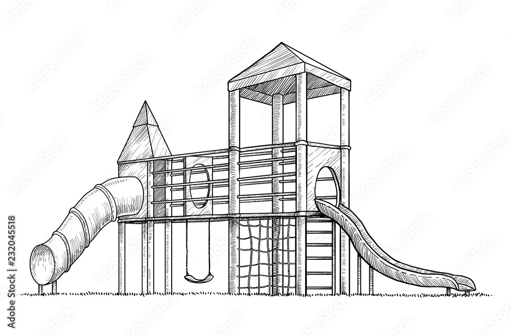 Playground illustration, drawing, engraving, ink, line art, vector ...