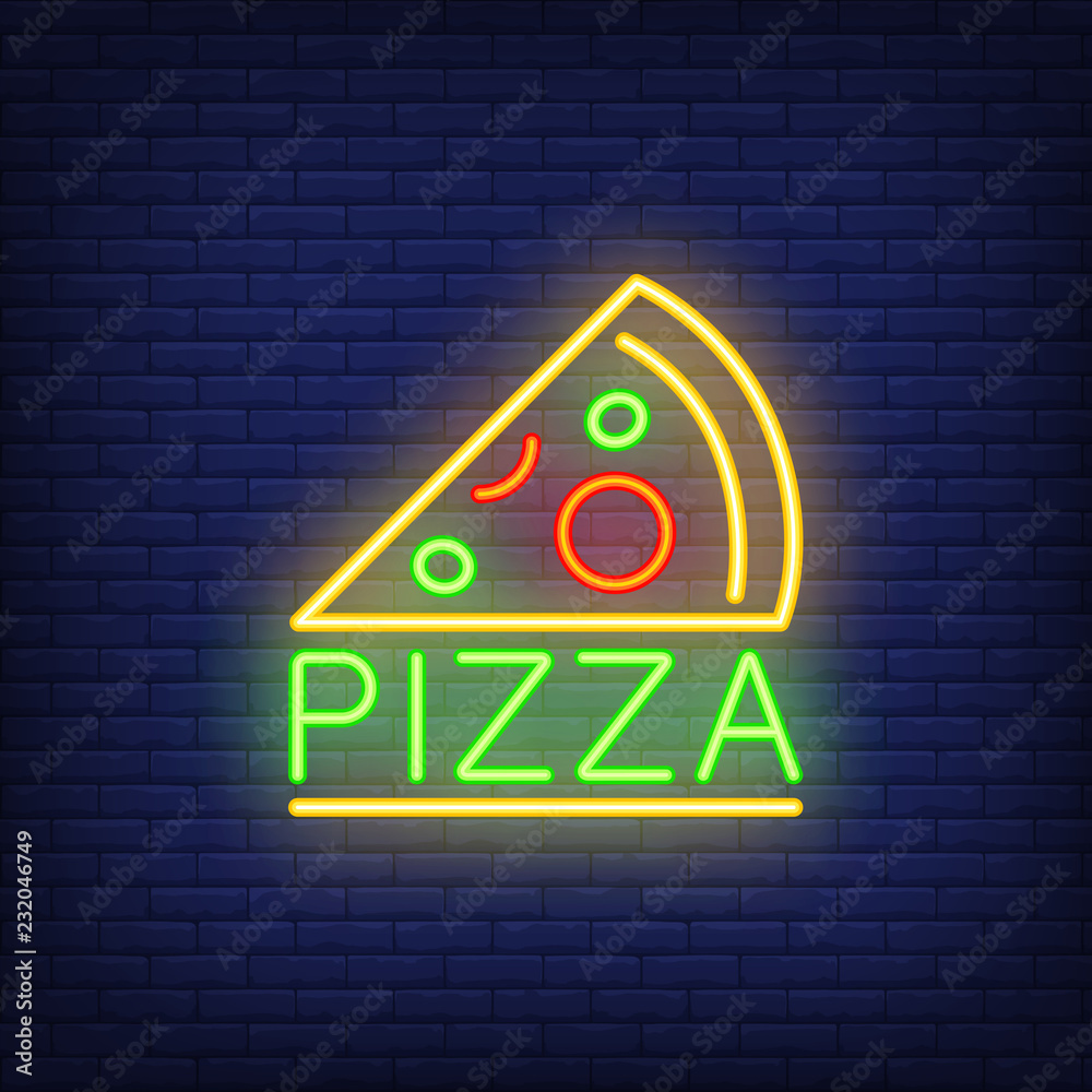 Vector de Stock Pizza neon text with slice of pizza. Pizzeria ...