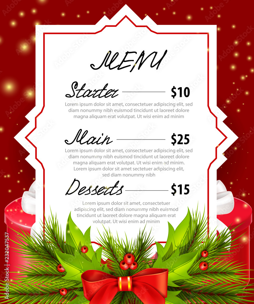 Creative Christmas menu card design. Menu inscriptions in white frame ...