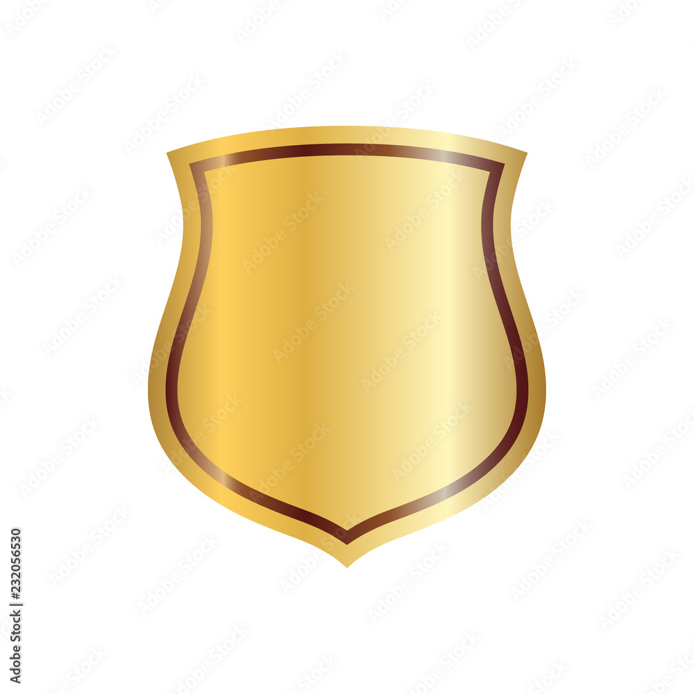 Gold shield shape icon. 3D golden emblem sign isolated on white ...