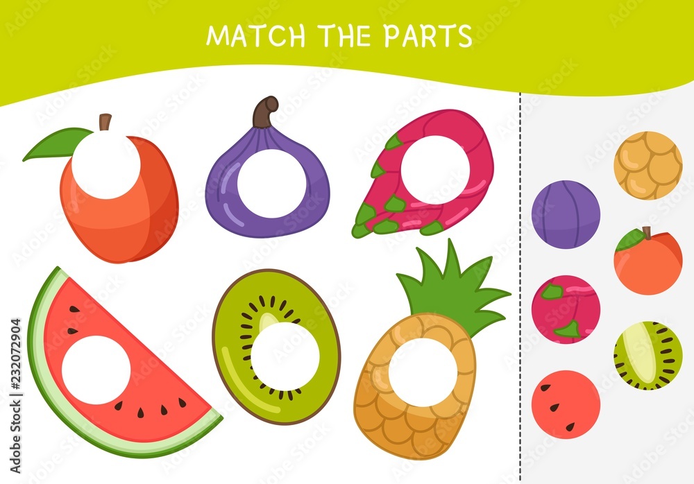 Matching children educational game. Match parts of cartoon fruits ...
