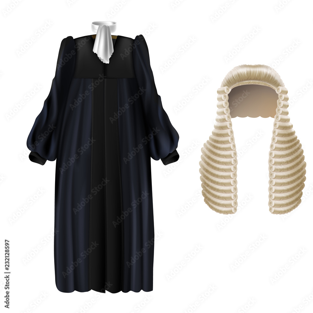 Vector realistic black court dress with sleeves, white wing collar ...