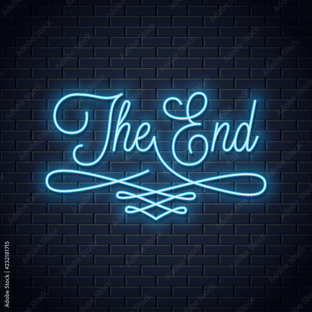 The End Neon Sign Vintage Movie Ending Neon Frame On Black Background