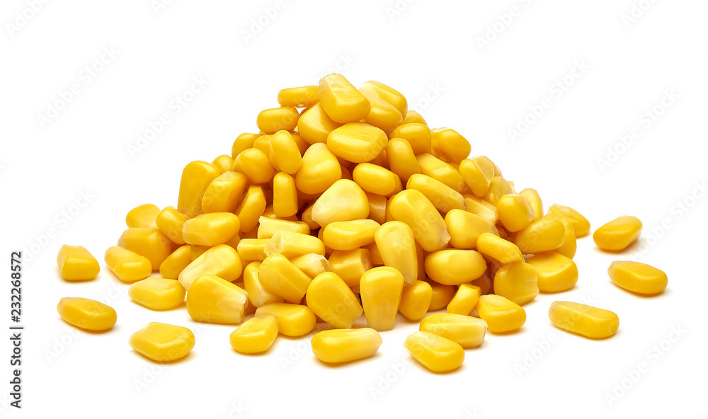 Boiled corn kernels pile / heap side view isolated on white background ...