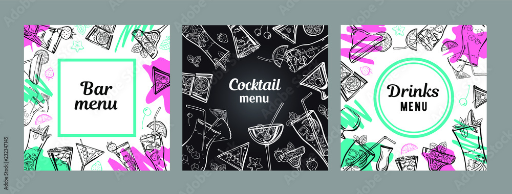 Vektor Set of cocktail menu cover design templates. Vector outline hand ...