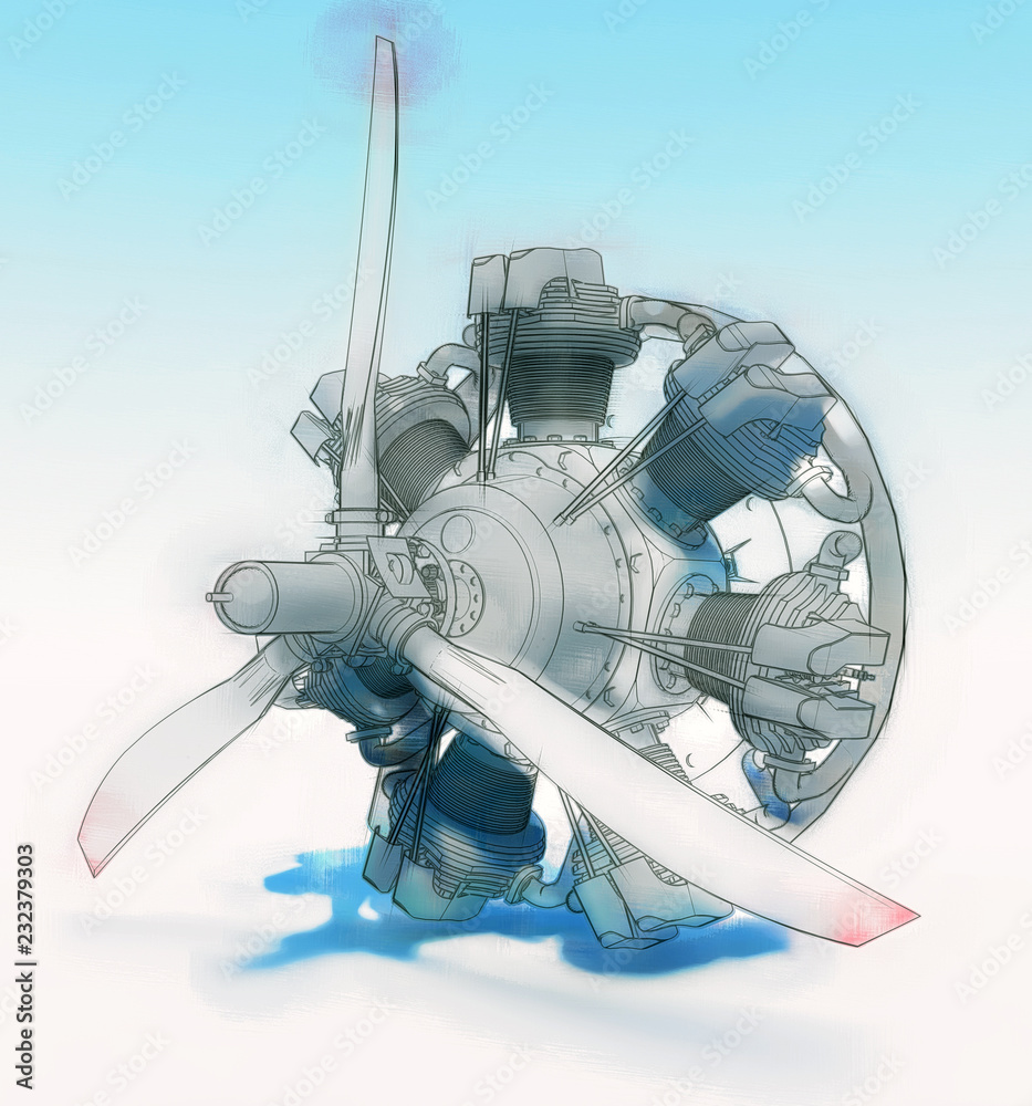 Old rotary circular aircraft engine with propeller. The illustration is ...
