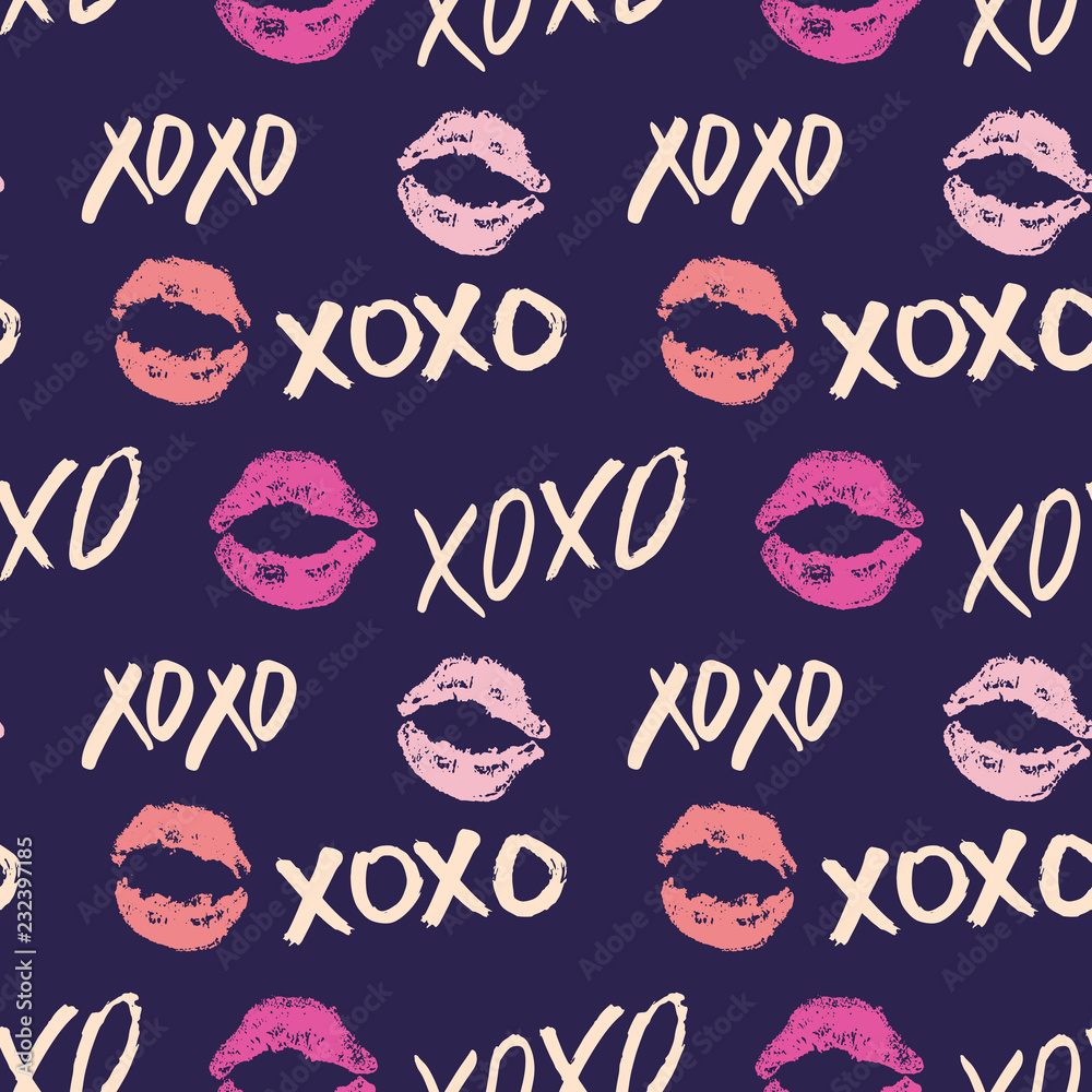 XOXO brush lettering signs seamless pattern, Grunge calligraphic hugs ...