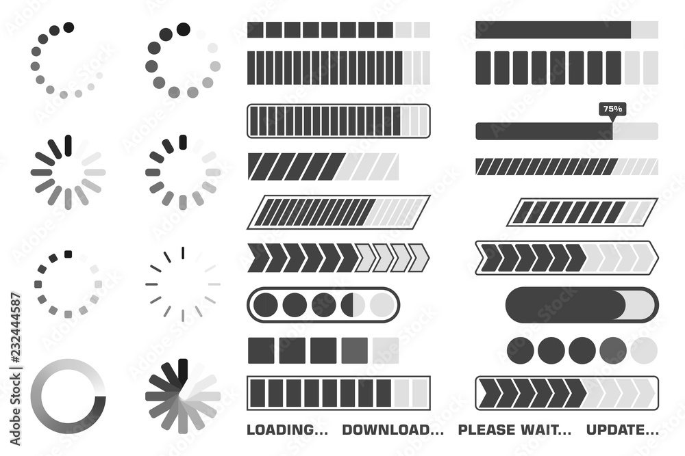 Loading process icons set. Download and upload indicator sign, waiting ...
