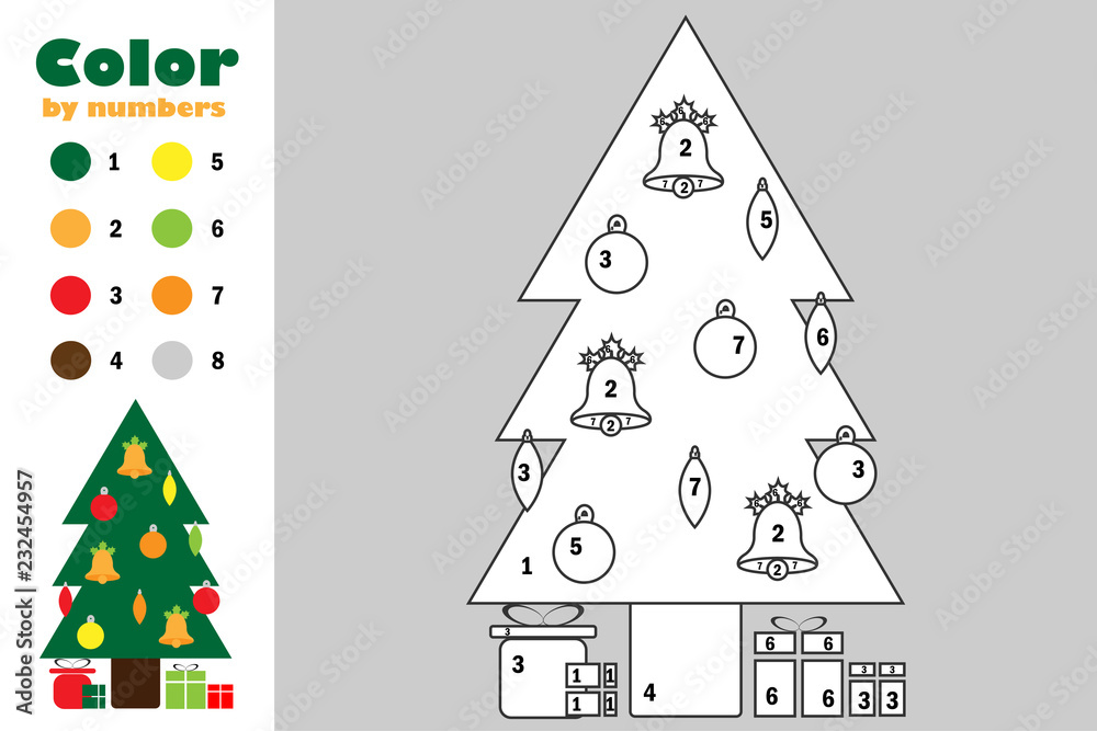 Xmas tree in cartoon style, color by number, christmas education paper ...