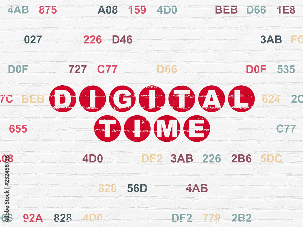 Timeline concept: Painted red text Digital Time on White Brick wall ...