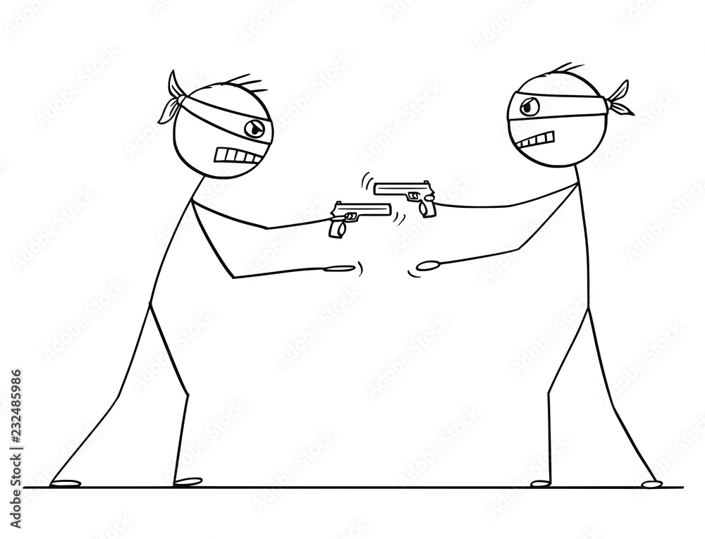 Cartoon stick drawing conceptual illustration of two men with gun ...