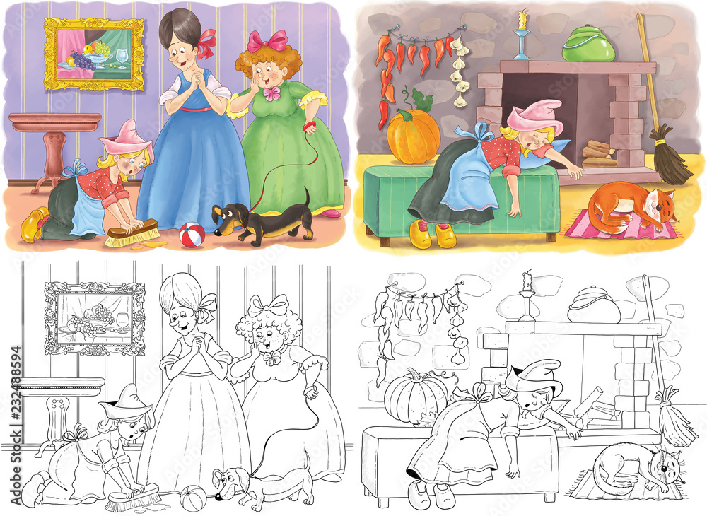 Cinderella. Fairy tale. Coloring page. Illustration for children. Cute ...