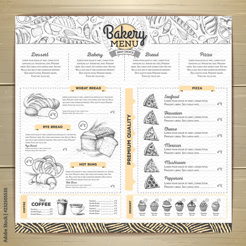 Vintage bakery menu design. Restaurant menu. Document template Stock ...