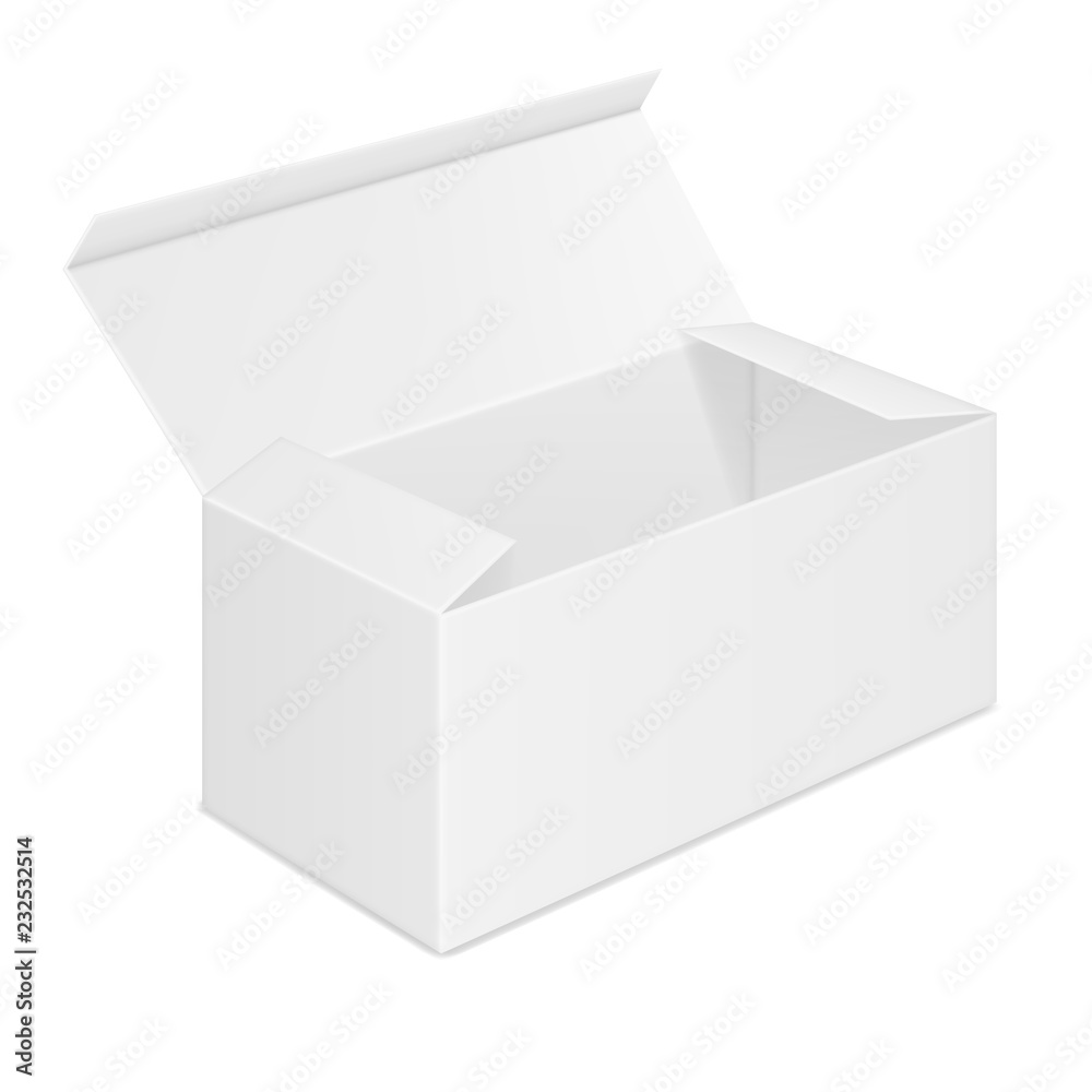 Vector realistic image (mock-up, layout) of an open rectangular paper box, view in perspective ...