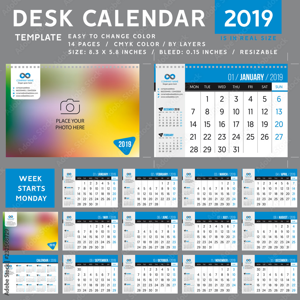 Desk calendar 2019. desktop calendar template. Week starts on Monday ...
