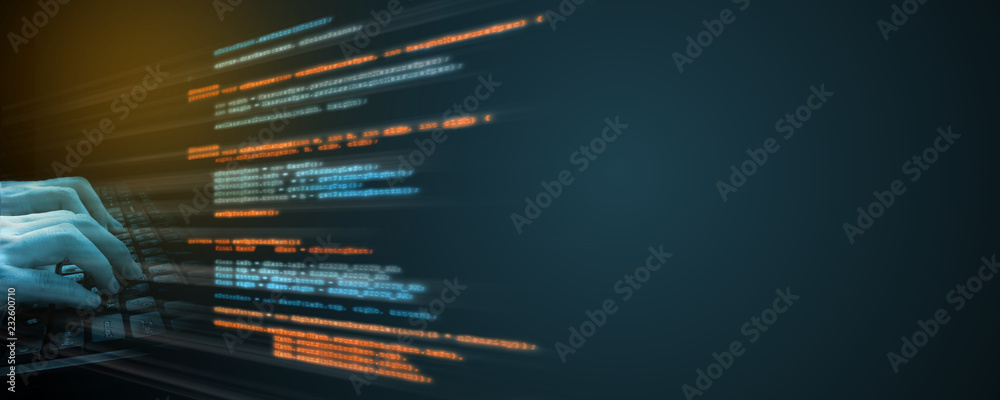 Ilustracja bez tantiem: Software source coding. Programmer using finger typing on keyboard with ...