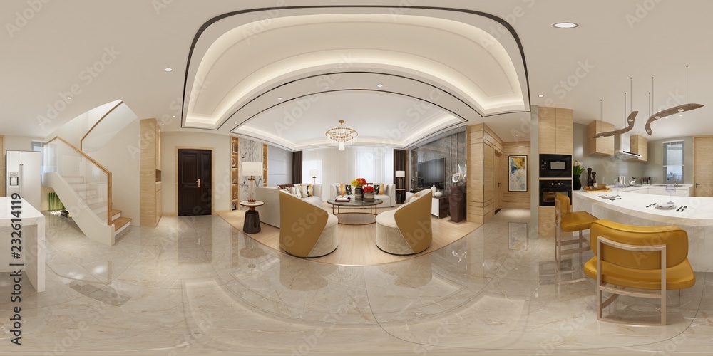 360 degrees house interior view. 3d render. Stock Illustration | Adobe ...
