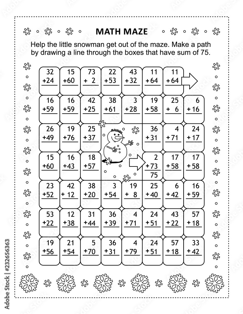 Math maze with addition facts: Help the little snowman get out of the ...