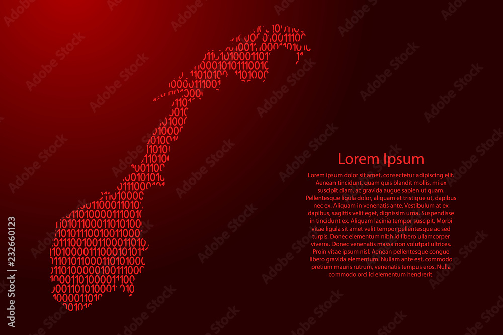Norway map abstract schematic from red ones and zeros binary digital code with space stars for ...