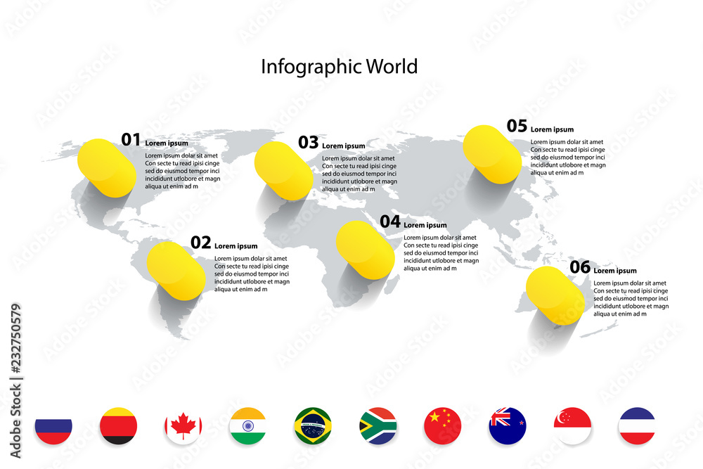 infographic country world map, international world flags, continents ...