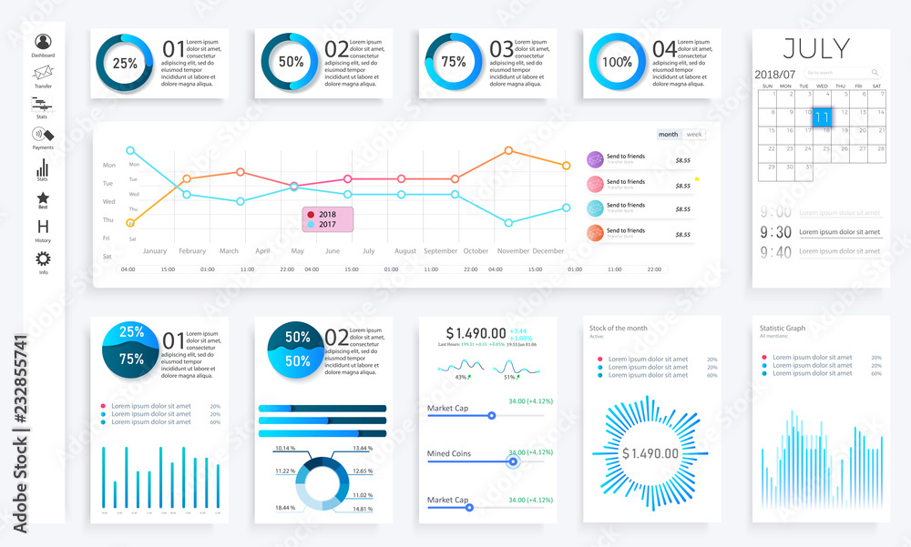 Infographic dashboard. Admin panel interface with green charts, graphs ...