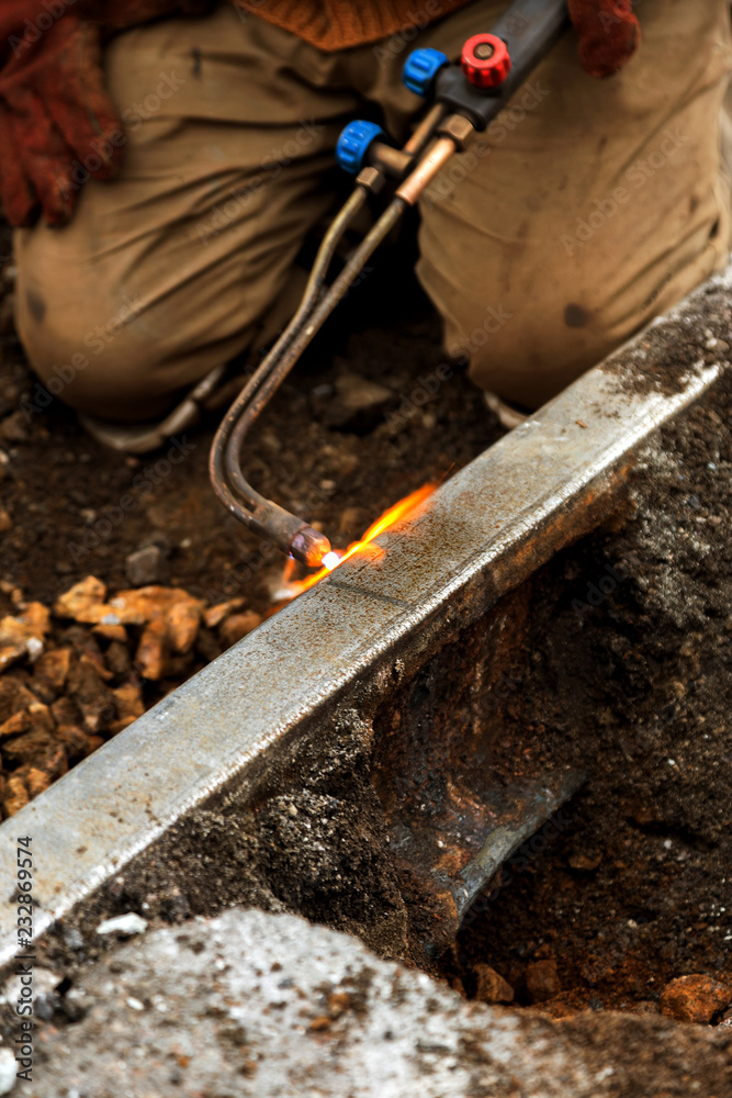 Repair of iron tram line. Installation of railway rails for trams ...