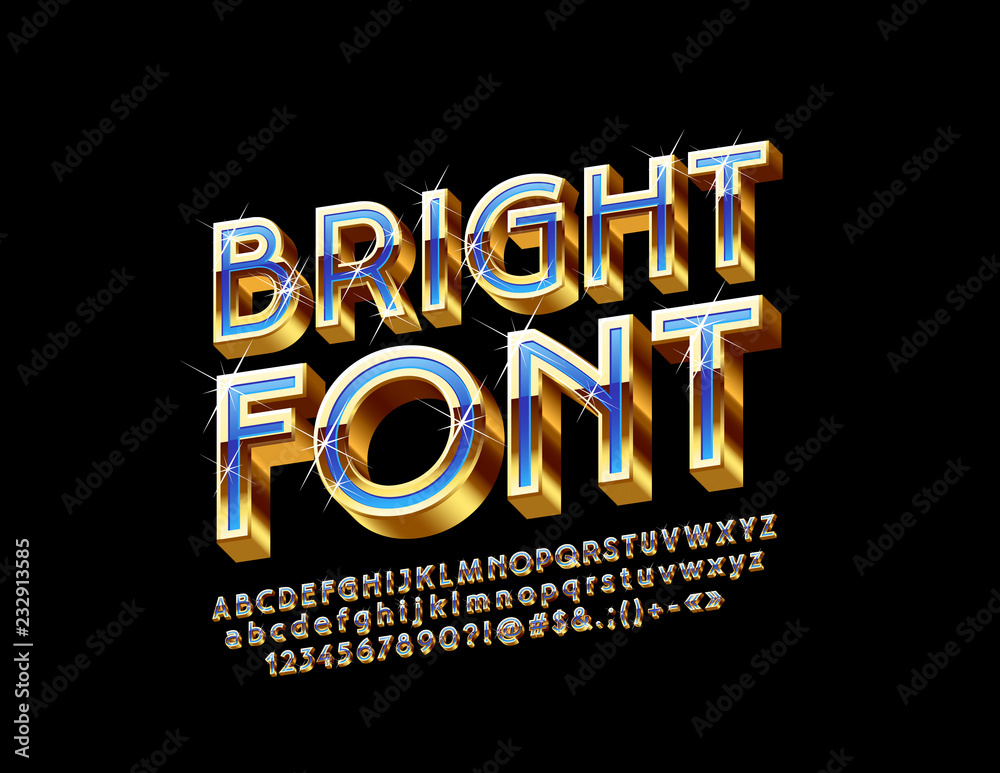 Vector Bright 3D Font with Stars. Blue and Golden rotated Alphabet ...