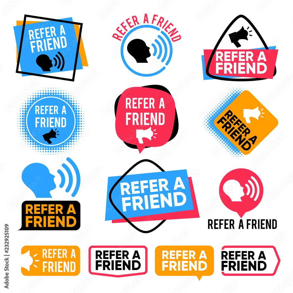Refer a friend. Referral, friends shopping marketing attention vector ...