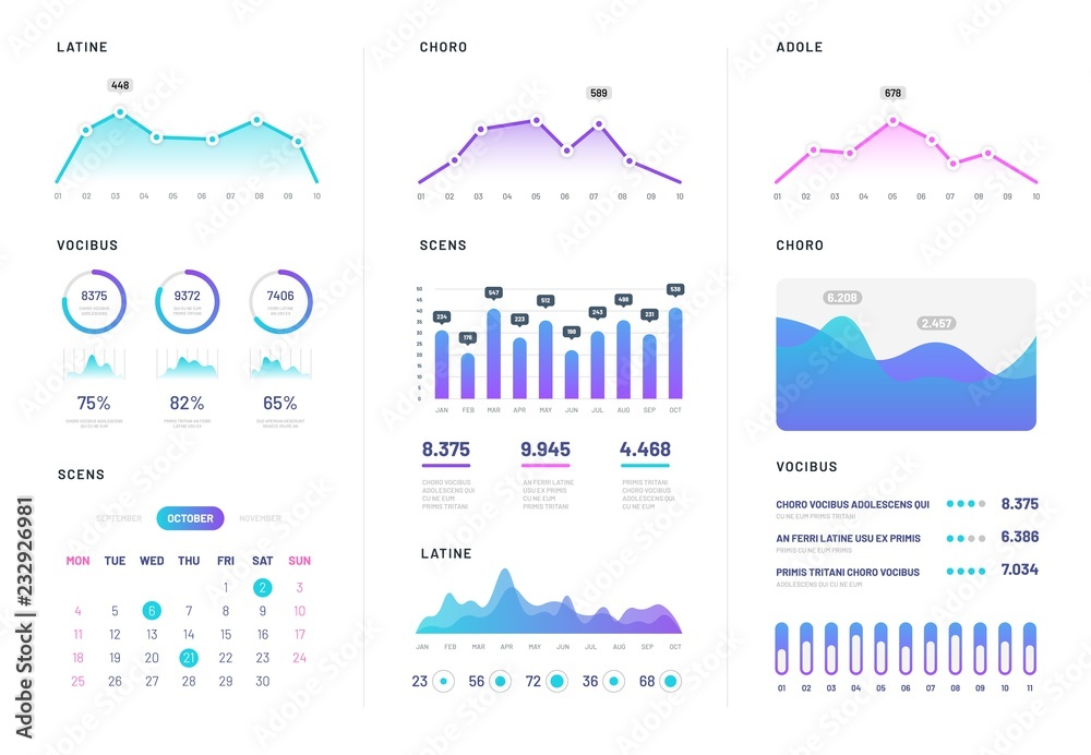 Ui dashboard. Modern infographic with gradient finance graphs ...