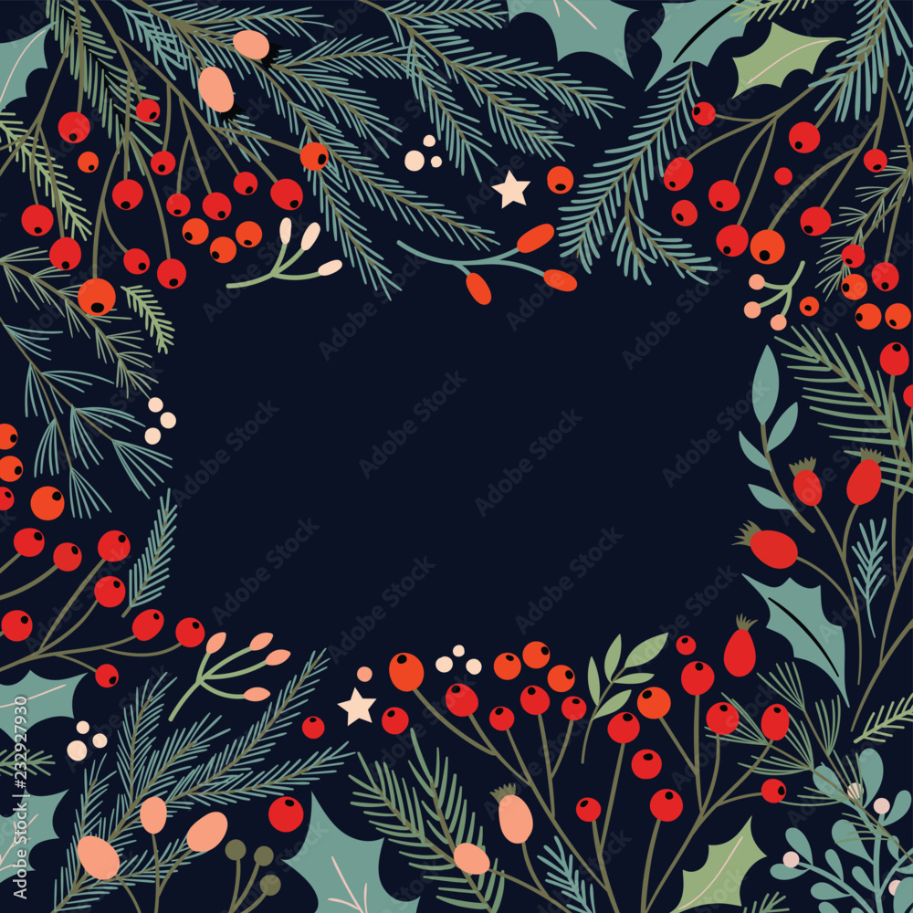 Christmas decorative frame with seasonal branches and plants Stock ...