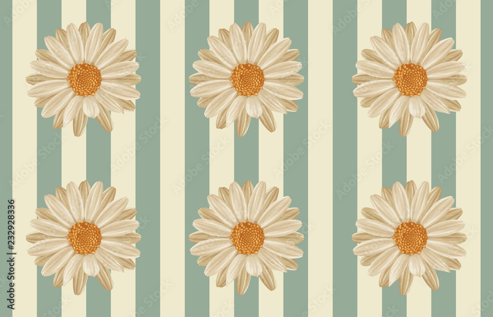Printable seamless vintage repeat pattern background with white daisies ...