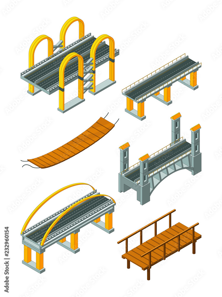 Viaduct bridge isometric. Wood support crossing river or highway ...