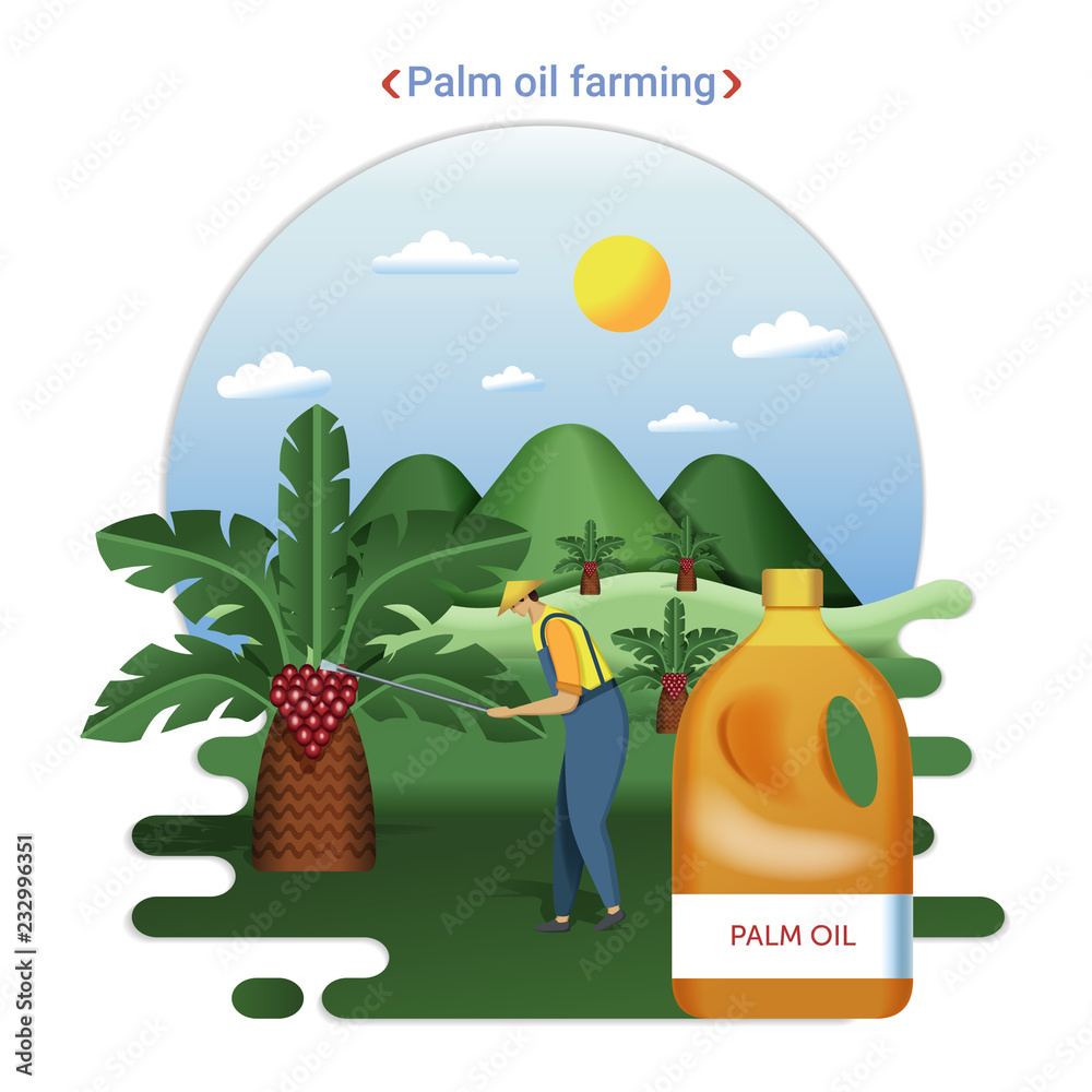 Vektor Flat farm landscape illustration of Palm oil farming. Rural ...