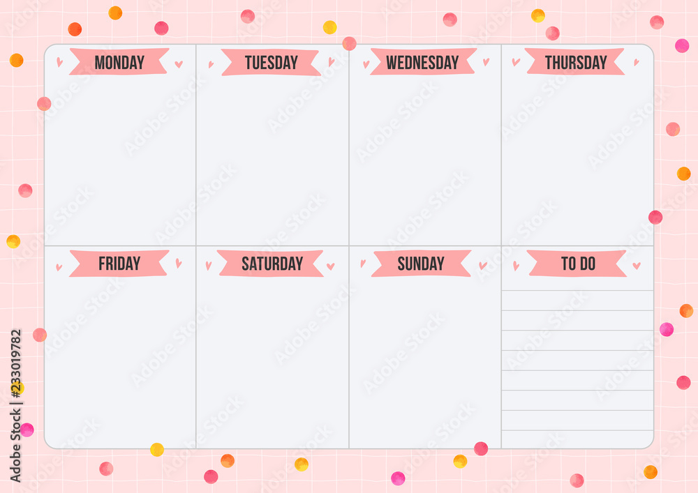 Weekly planner with watercolor dots in minimalism style. Layout sheet ...