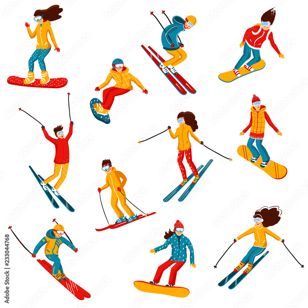 Vector skiers and snowboarders cartoon flat style. Men and women in the ...