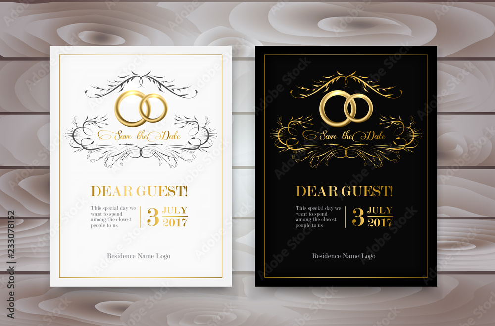 Wedding invitation design with golden rings. Vector illustration. Stock ...