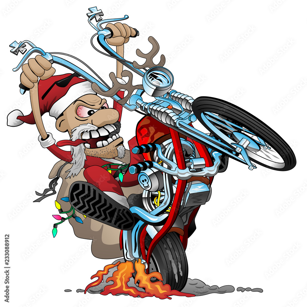 Santa biker on an American style chopper motorcycle, popping a wheelie ...