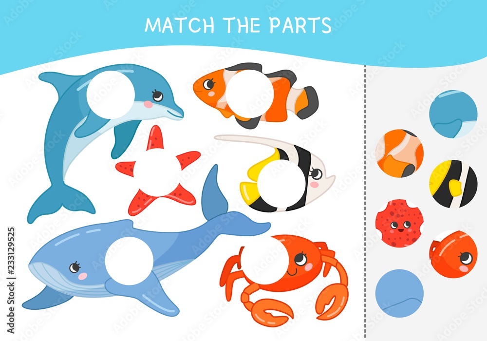 เวกเตอร์ Stock Matching children educational game. Match parts of sea ...