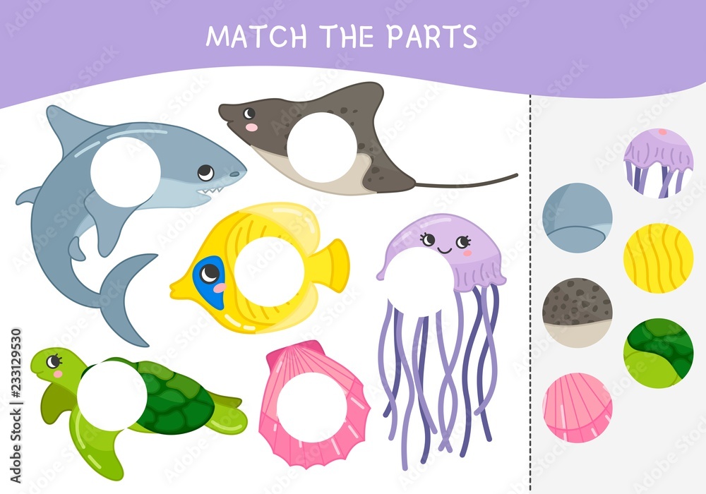 Matching children educational game. Match parts of sea animals ...