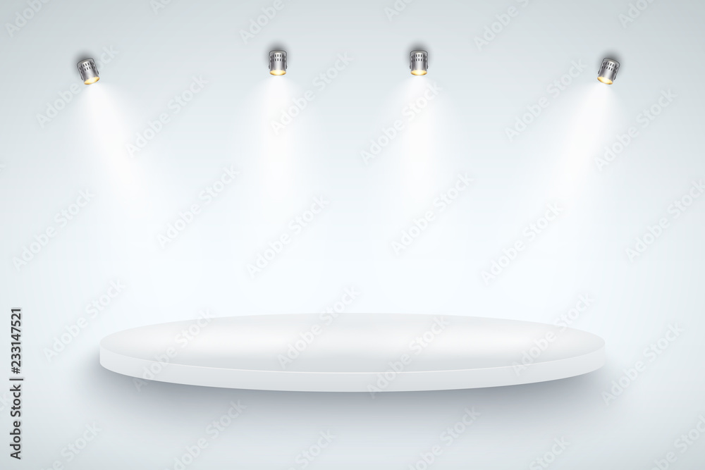 Light box with white presentation circle platform on light backdrop ...