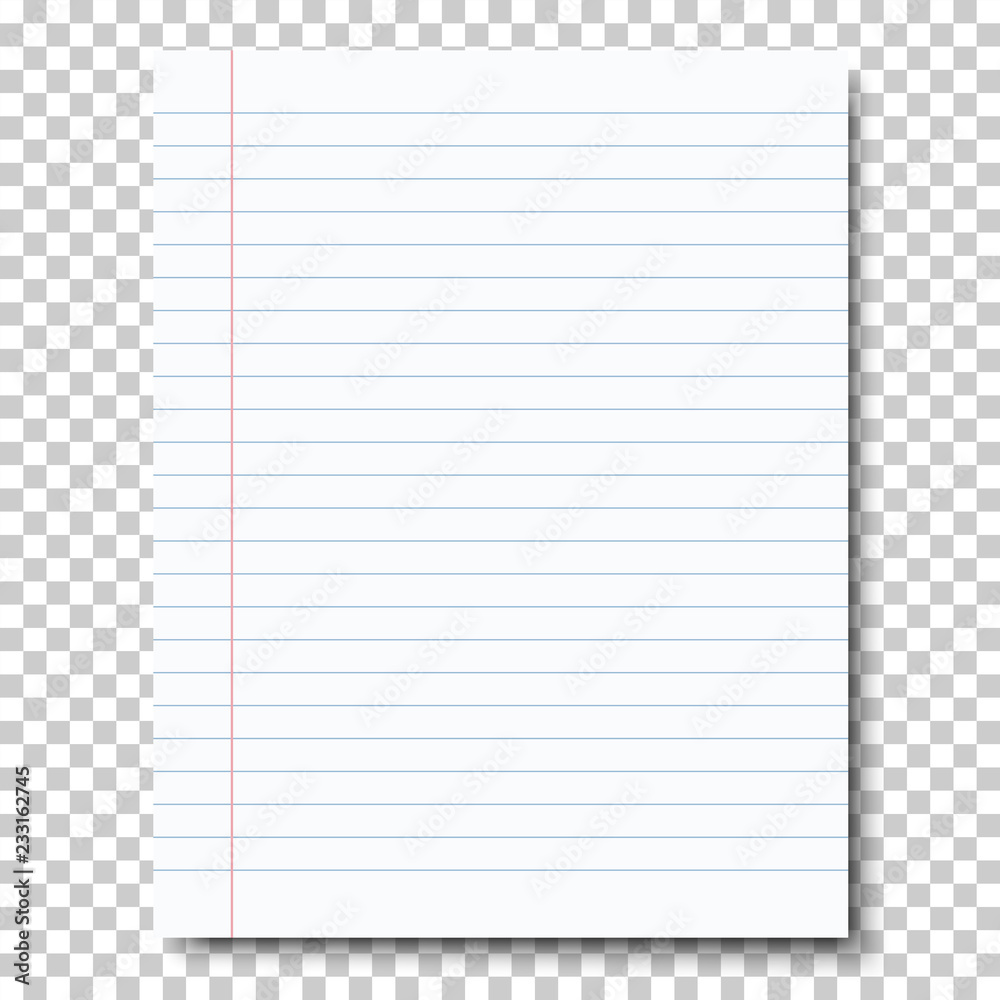 Ruled sheet of notebook paper placed on transparent background. Vector ...