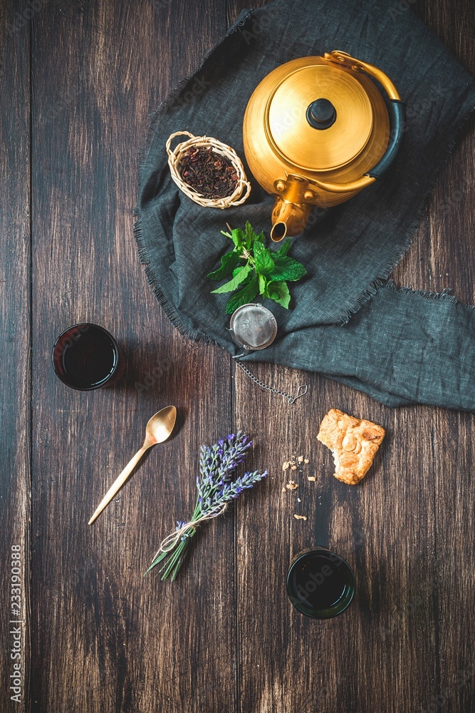 Arabic Nana mint tea in a teapot and glasses with biscuits Stock Photo ...