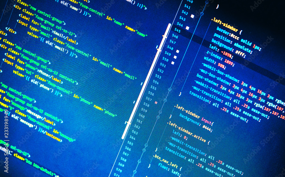 Html and css code on blue background. Splitting of hlml and css code in the code editor Stock ...