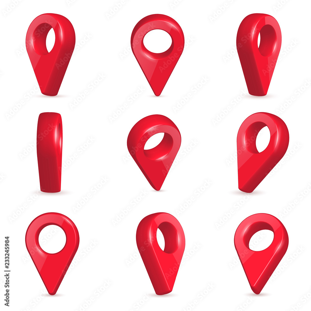 Creative vector illustration of locator, pin realistic 3d map pointers in various angle isolated ...