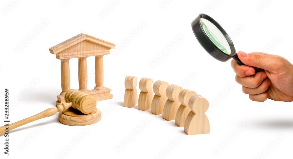 Magnifying glass is looking at the group of people standing near the ...