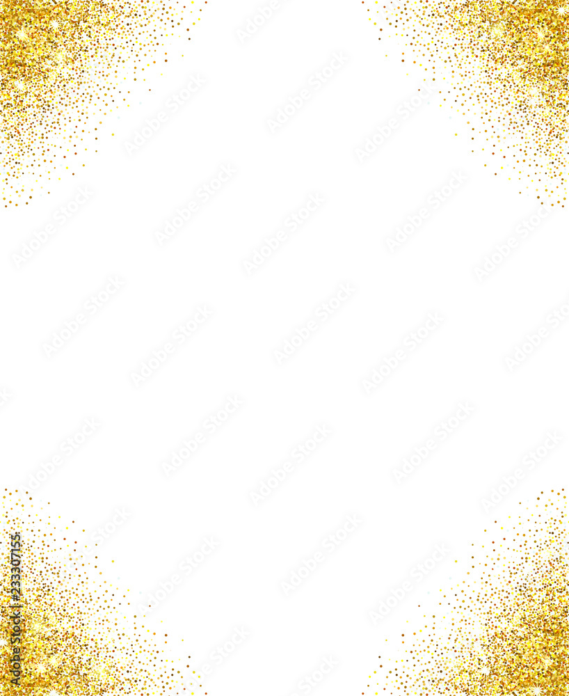 Holiday invitation template with gold glitter confetti in corners ...