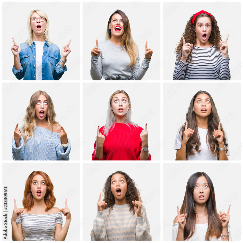 Collage of young beautiful women over isolated background amazed and ...